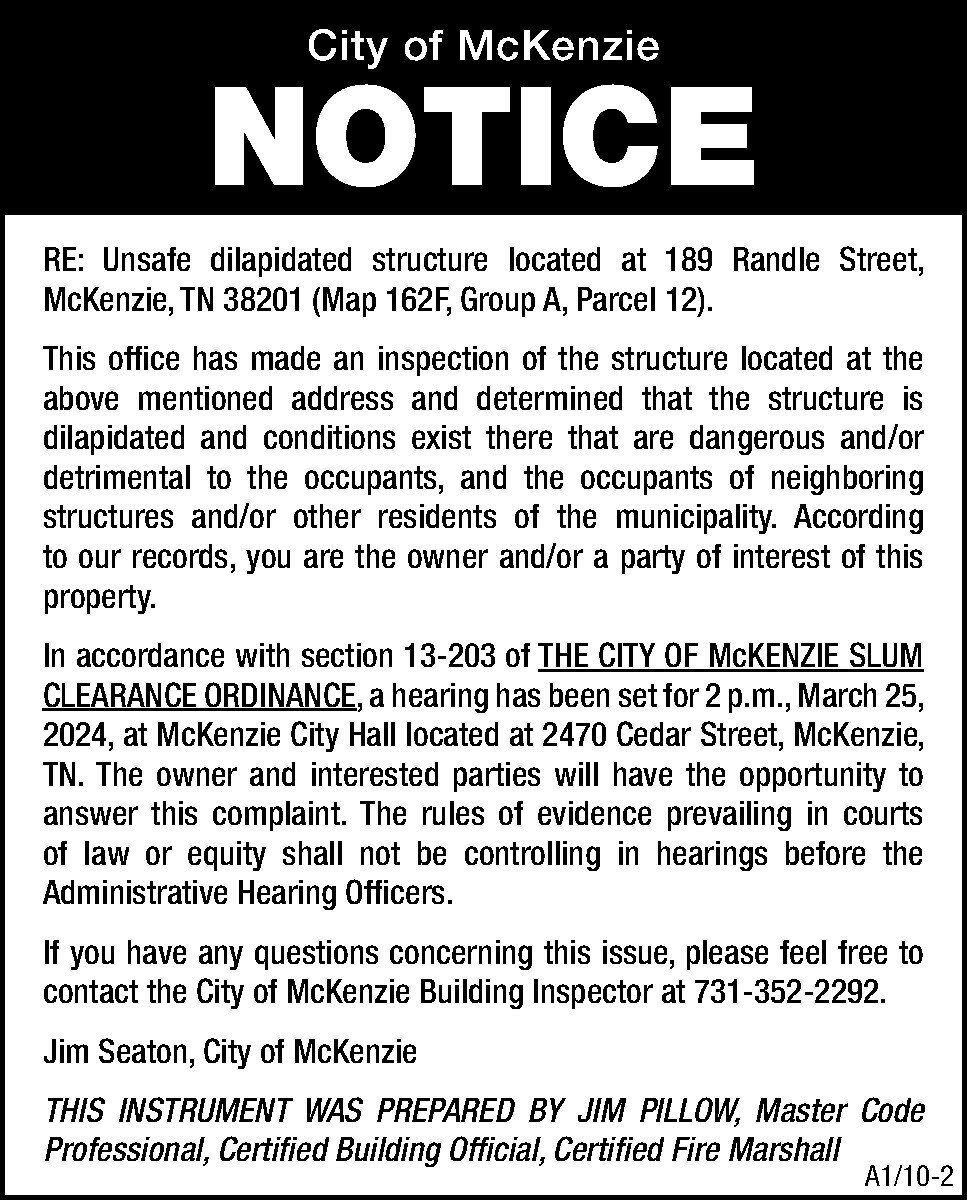 Notice Unsafe Structure -189 Randle St | The Mckenzie Banner