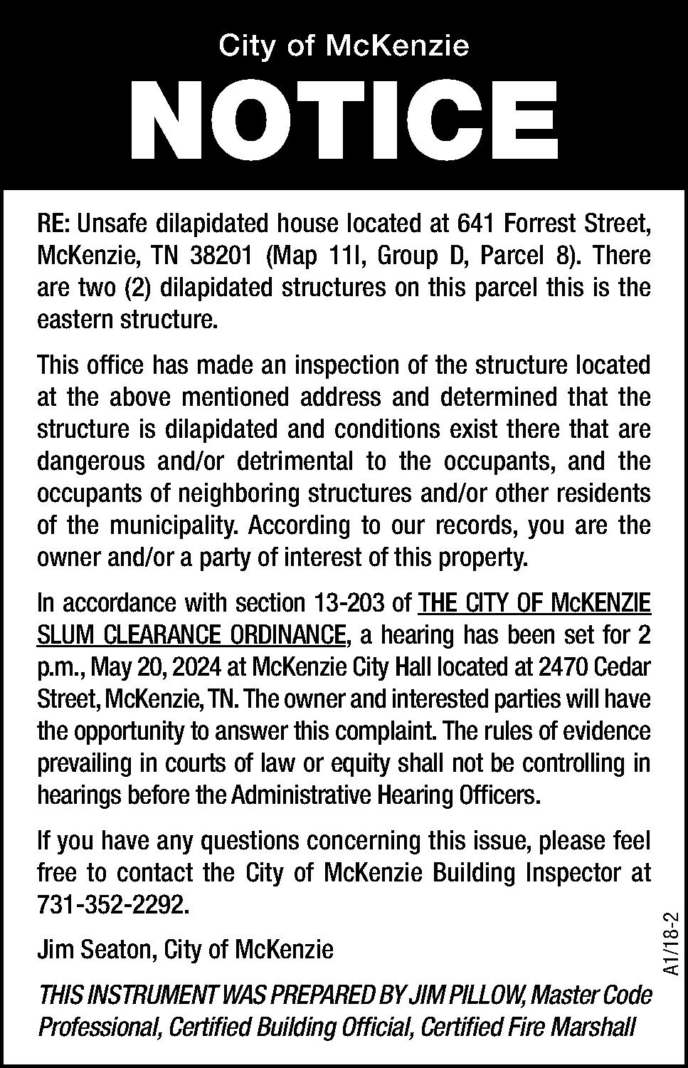 Notice Unsafe Structure - 641 Forrest Eastern | The Mckenzie Banner