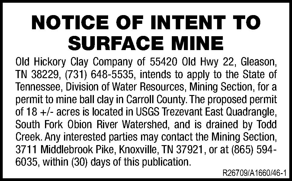 Notice of Intent to Surface Mine - Old Hickory Clay | The Mckenzie Banner