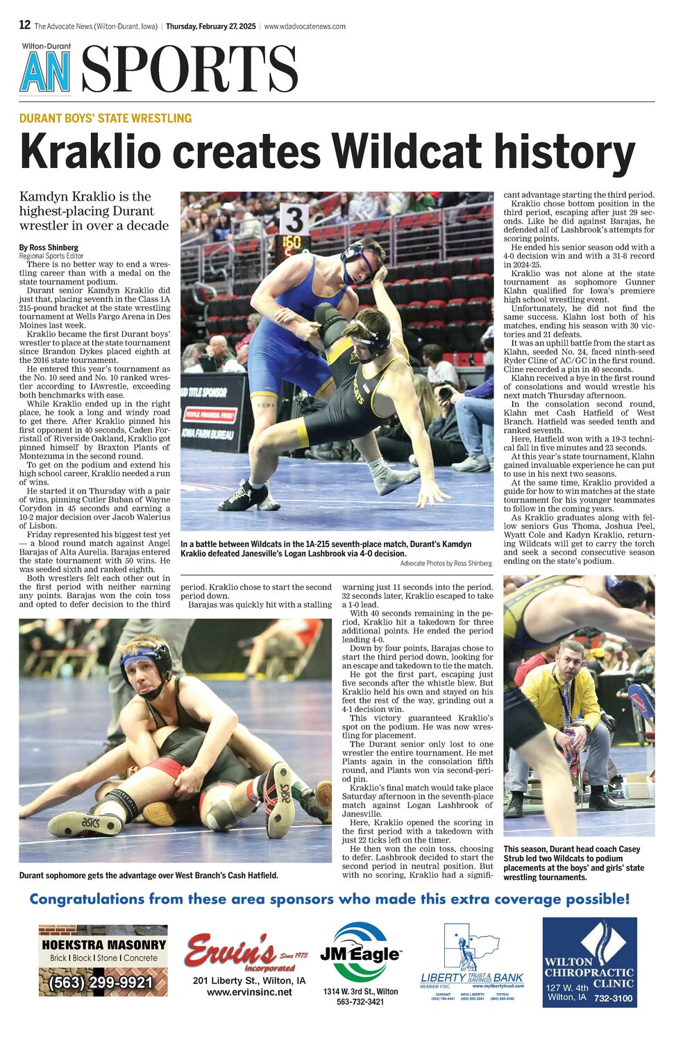 Kraklio creates Wildcat history | Wilton-Durant Advocate News